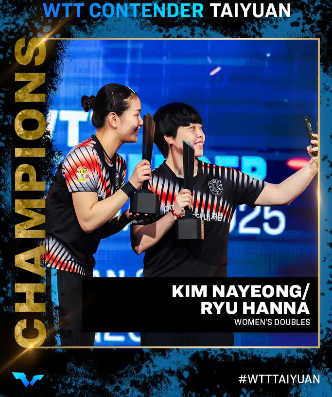 '中 만리장성 넘었다!' 김나영-유한나, WTT 타이위안 여자복식 우승... 김나영은 2관왕 | 스타뉴스